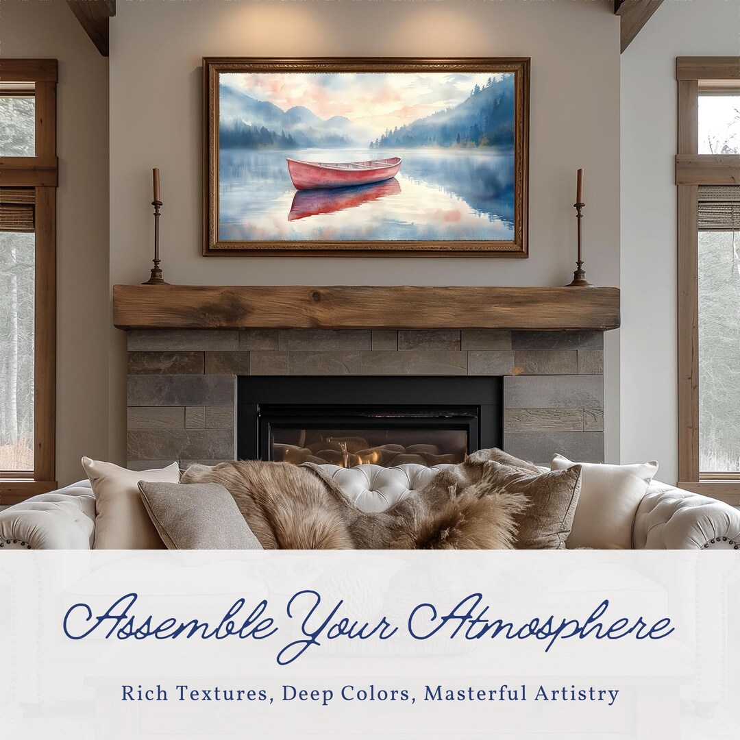 Watercolor Frame TV Art, Pastel Pink Rowboat, Serene Sunrise Lake ...