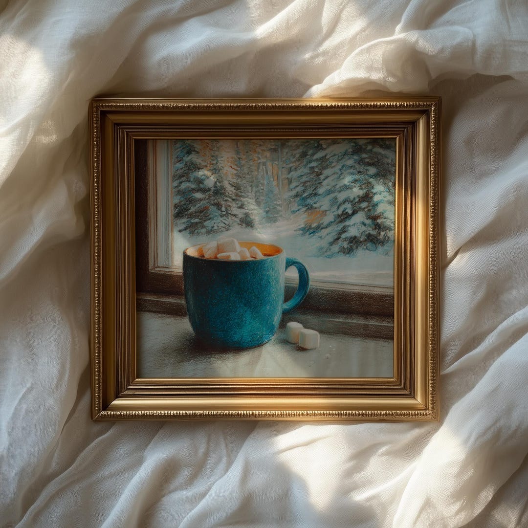 Winter Hot Cocoa Print – Cottagecore Teal Mug, Snowy Pines (digital ...