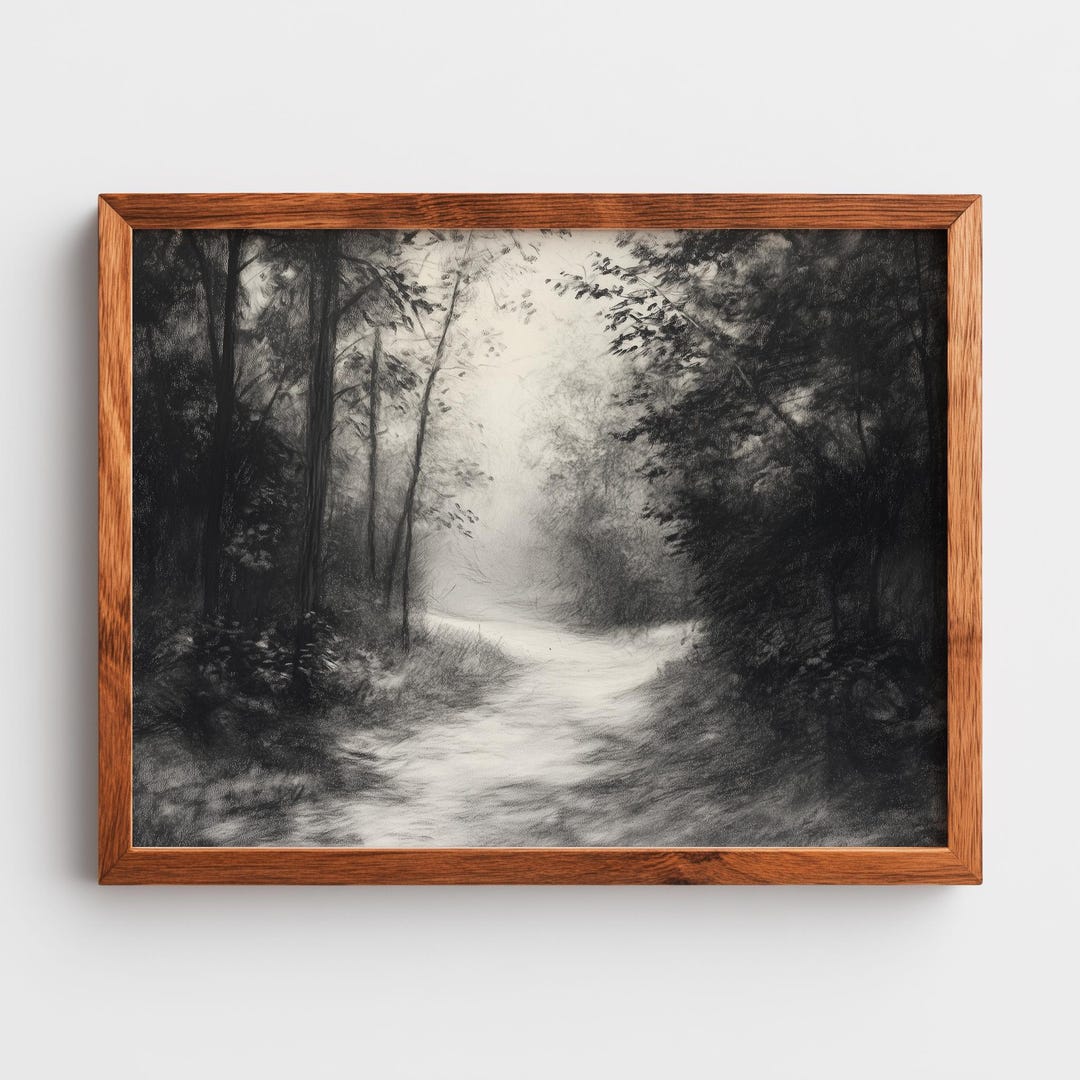 Misty Forest Path Print - Moody Charcoal Landscape, Antique Style ...
