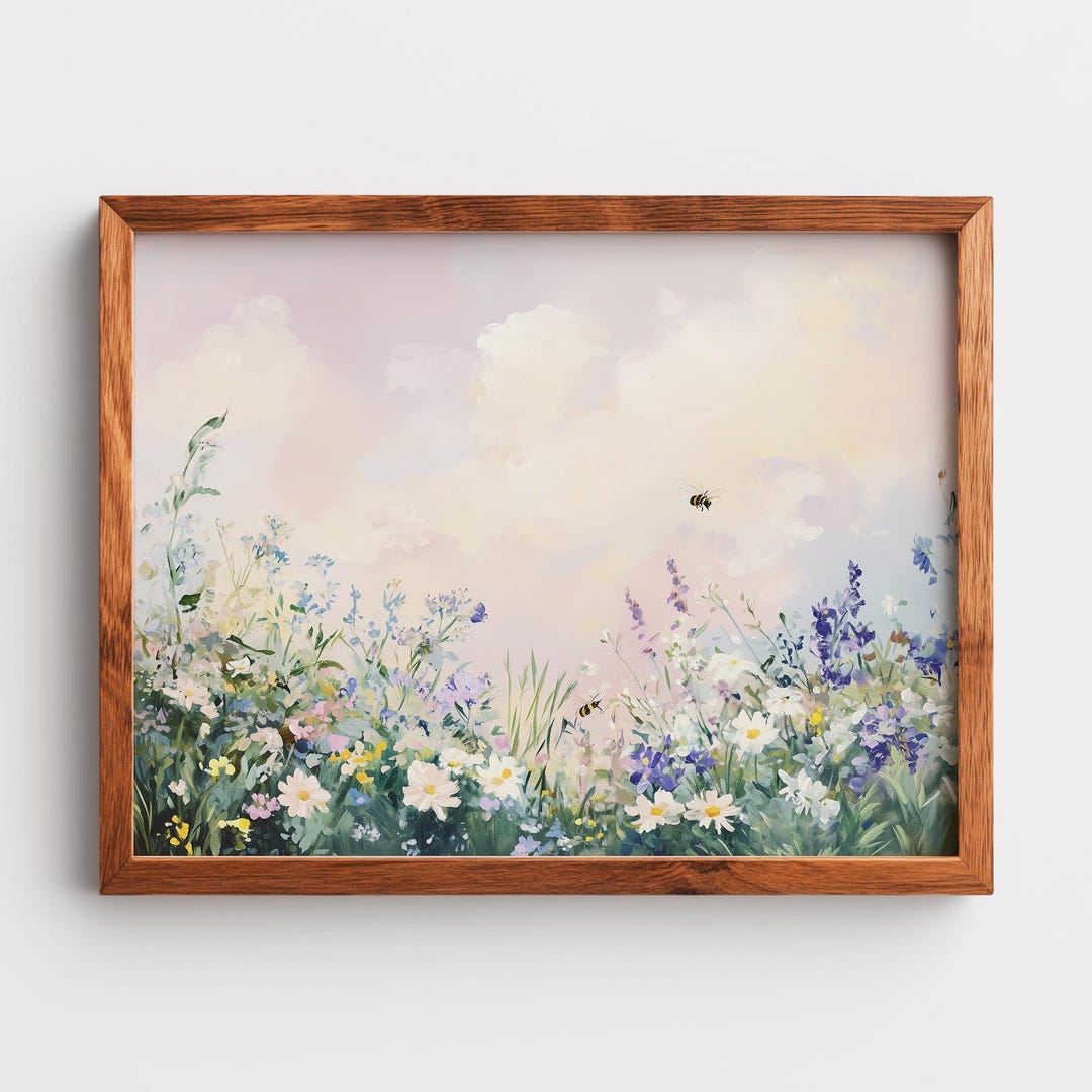 Printable Cottagecore Wildflower Meadow Under Pink Sky - Pastoral ...