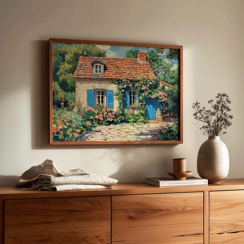 Rustic French Cottage With Blue Shutters - Cottagecore Gouache Wall Art ...