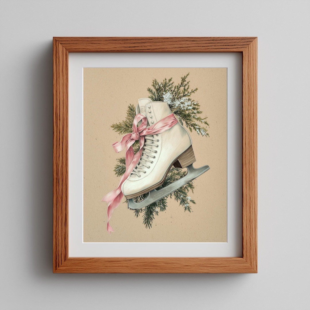 Printable Ice Skate With Pink Ribbon - Cozy Cottagecore Winter Art ...