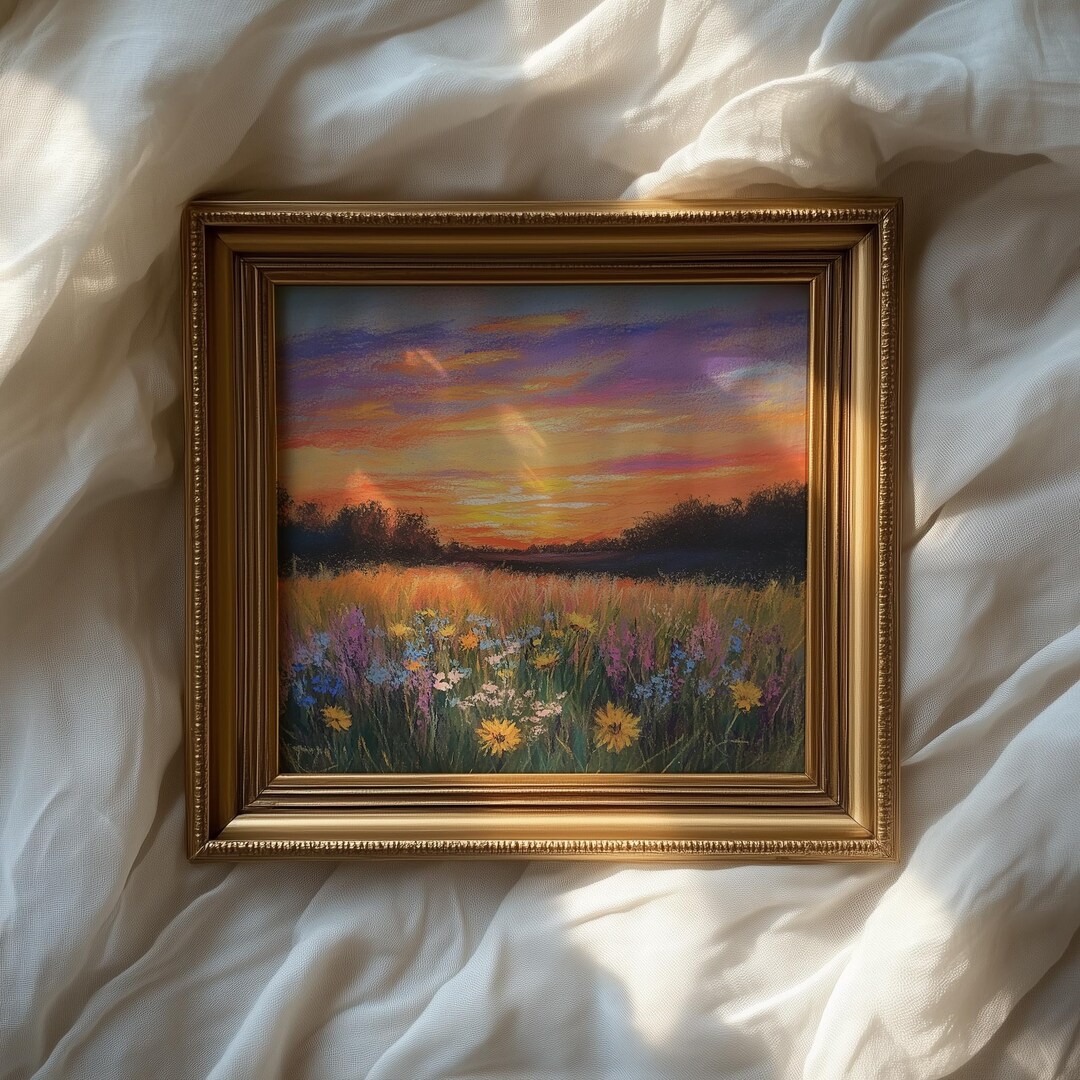 Pastel Sunset Meadow Print – Cottagecore Wildflower Field Art (digital ...