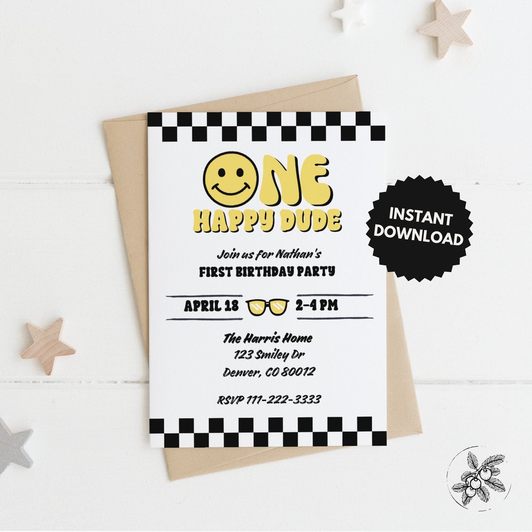 One Happy Dude Birthday Party Invitation Template Smiley Face Birthday ...