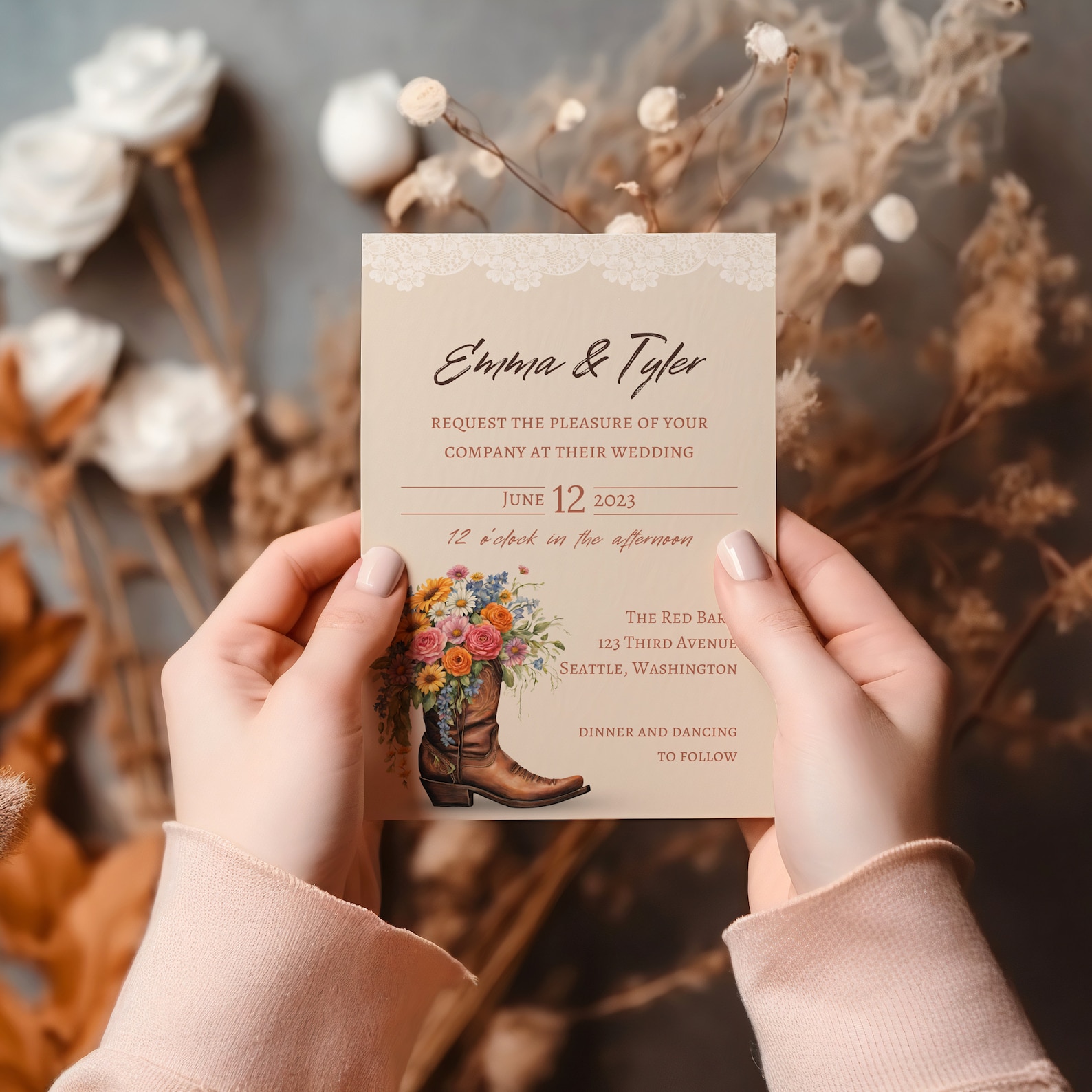 Boot Bouquet Wedding Invitation Template | Floral Cowboy Boot Invite ...