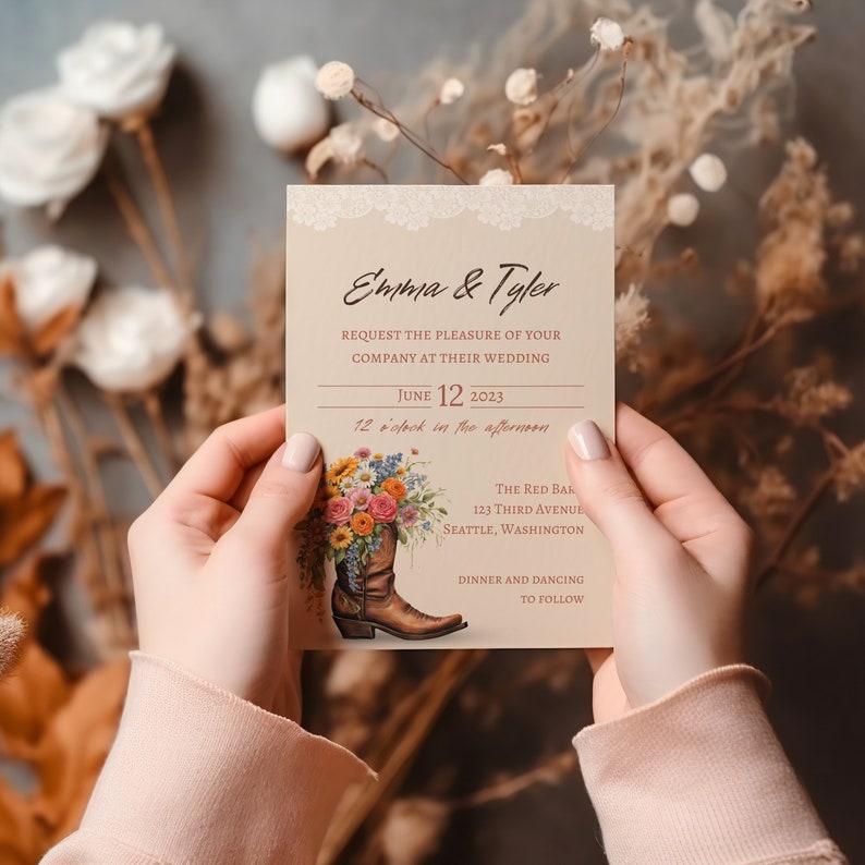 Boot Bouquet Wedding Invitation Template | Floral Cowboy Boot Invite ...