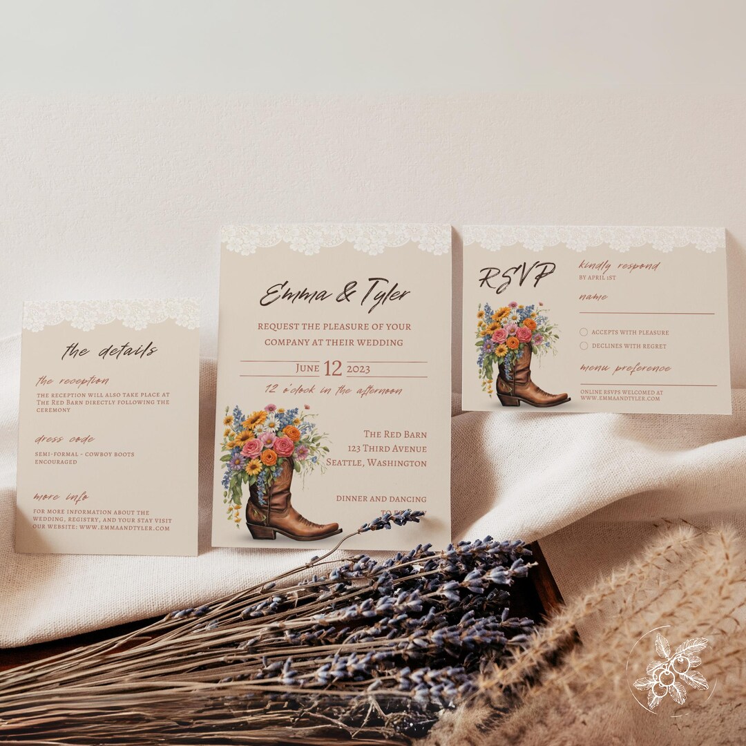 Boot Bouquet Wedding Invitation Template Suite | Floral Cowboy Boot ...