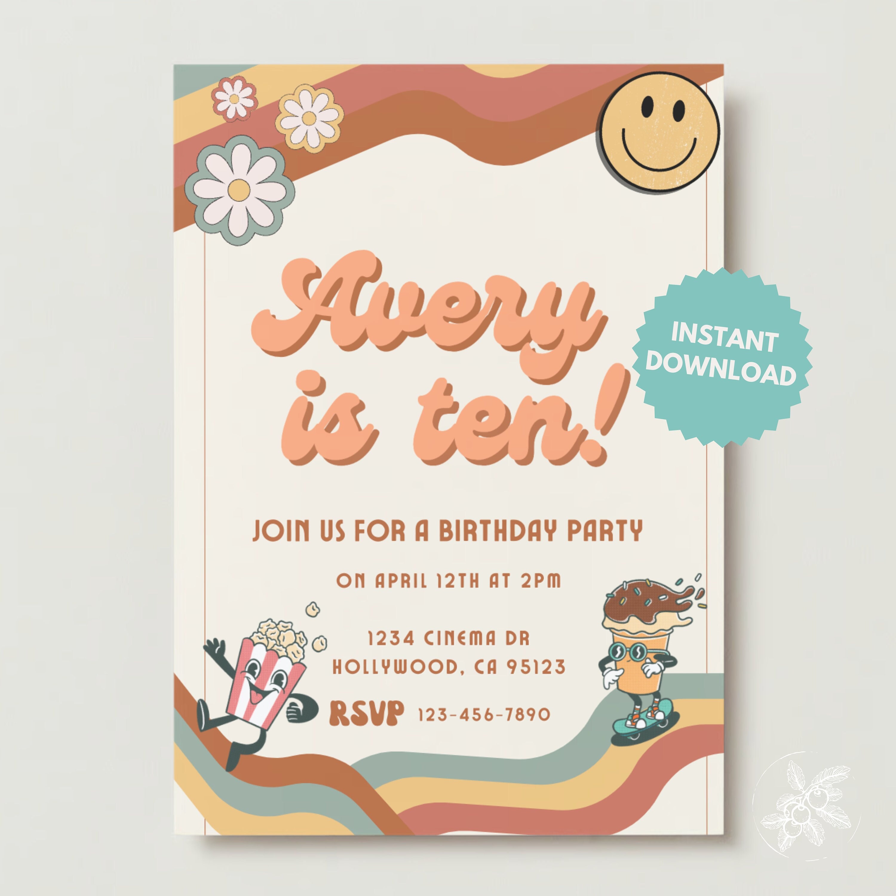 Groovy Retro Birthday Party Invitation Template Editable Vintage ...
