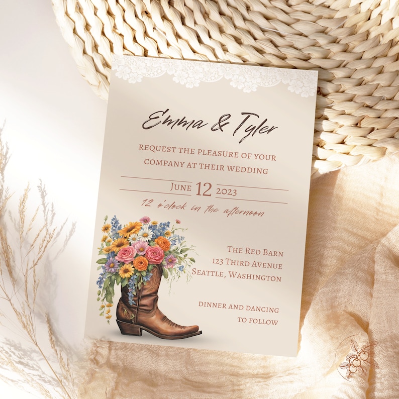 Boot Bouquet Wedding Invitation Template | Floral Cowboy Boot Invite ...