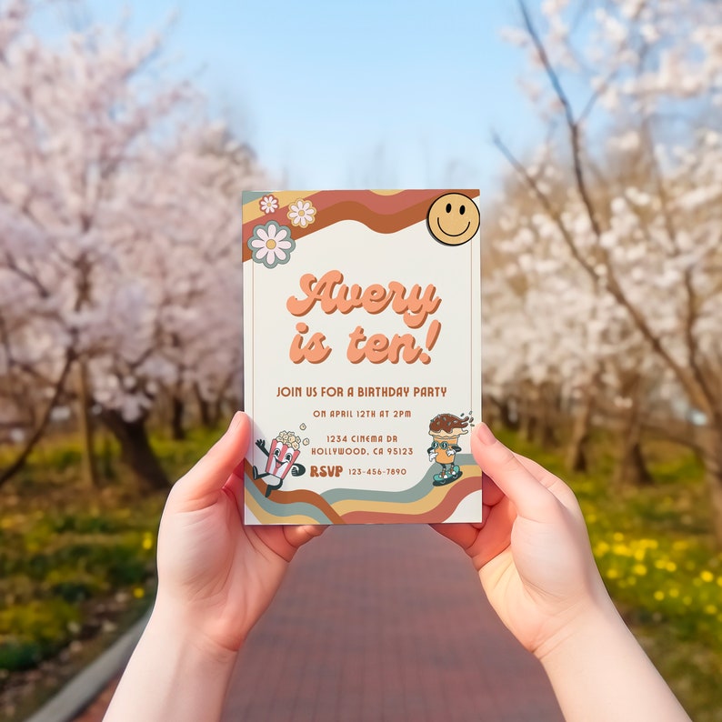 Groovy Retro Birthday Party Invitation Template Editable Vintage ...