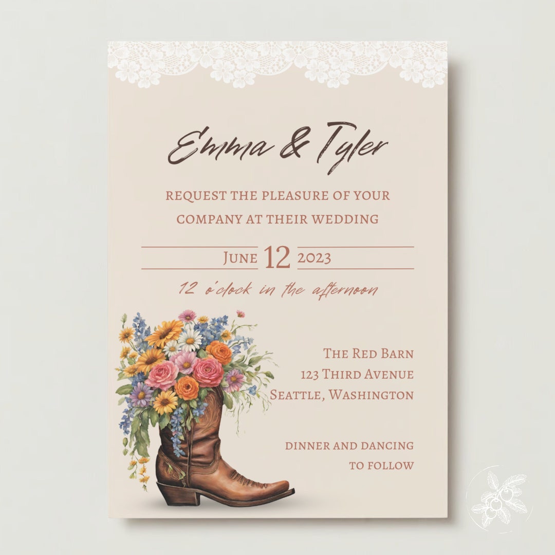 Plantilla de invitación de boda de ramo de botas / Invitación de bota ...