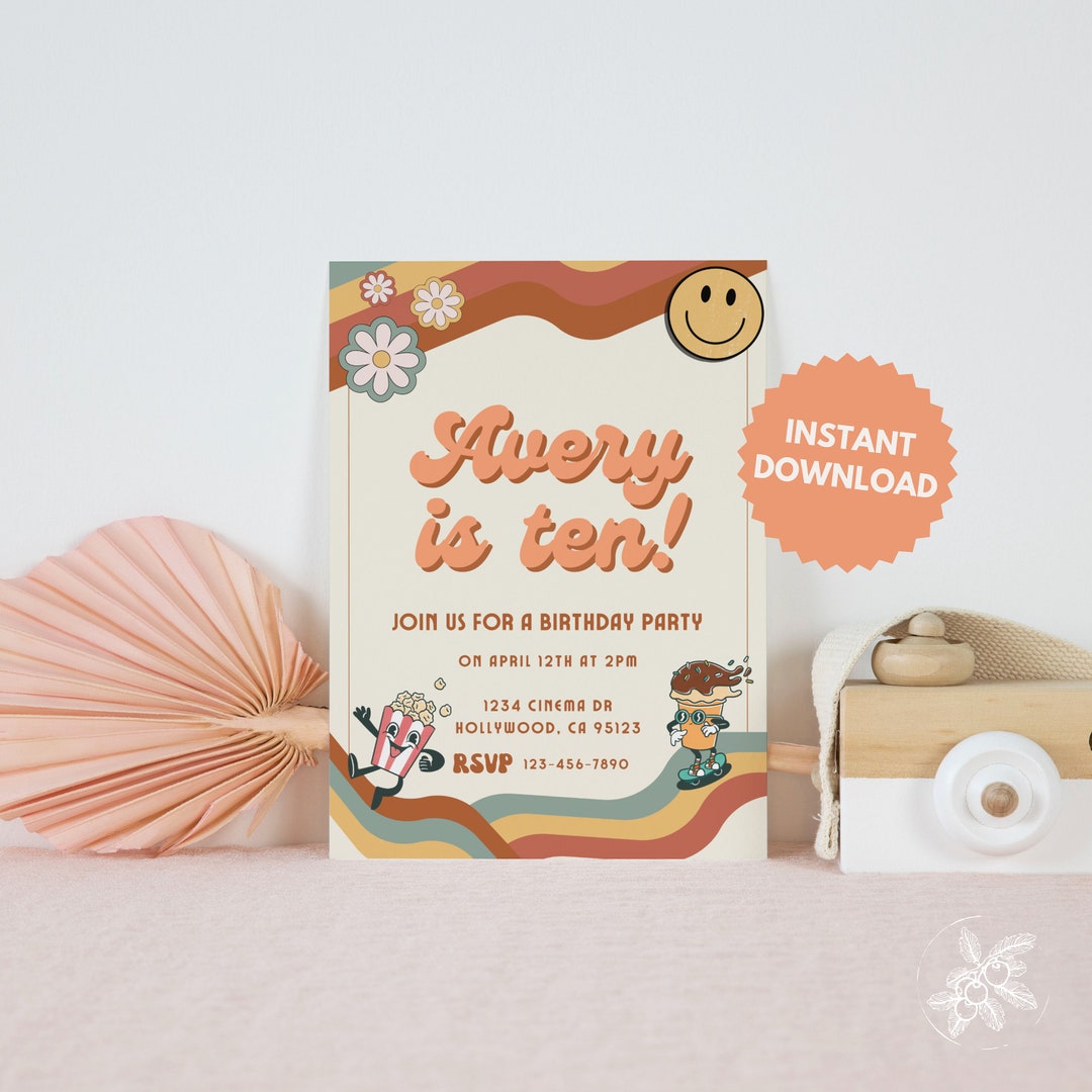 Groovy Retro Birthday Party Invitation Template Editable Vintage ...