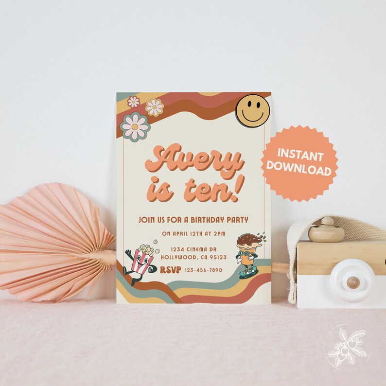 Groovy Retro Birthday Party Invitation Template Editable Vintage ...