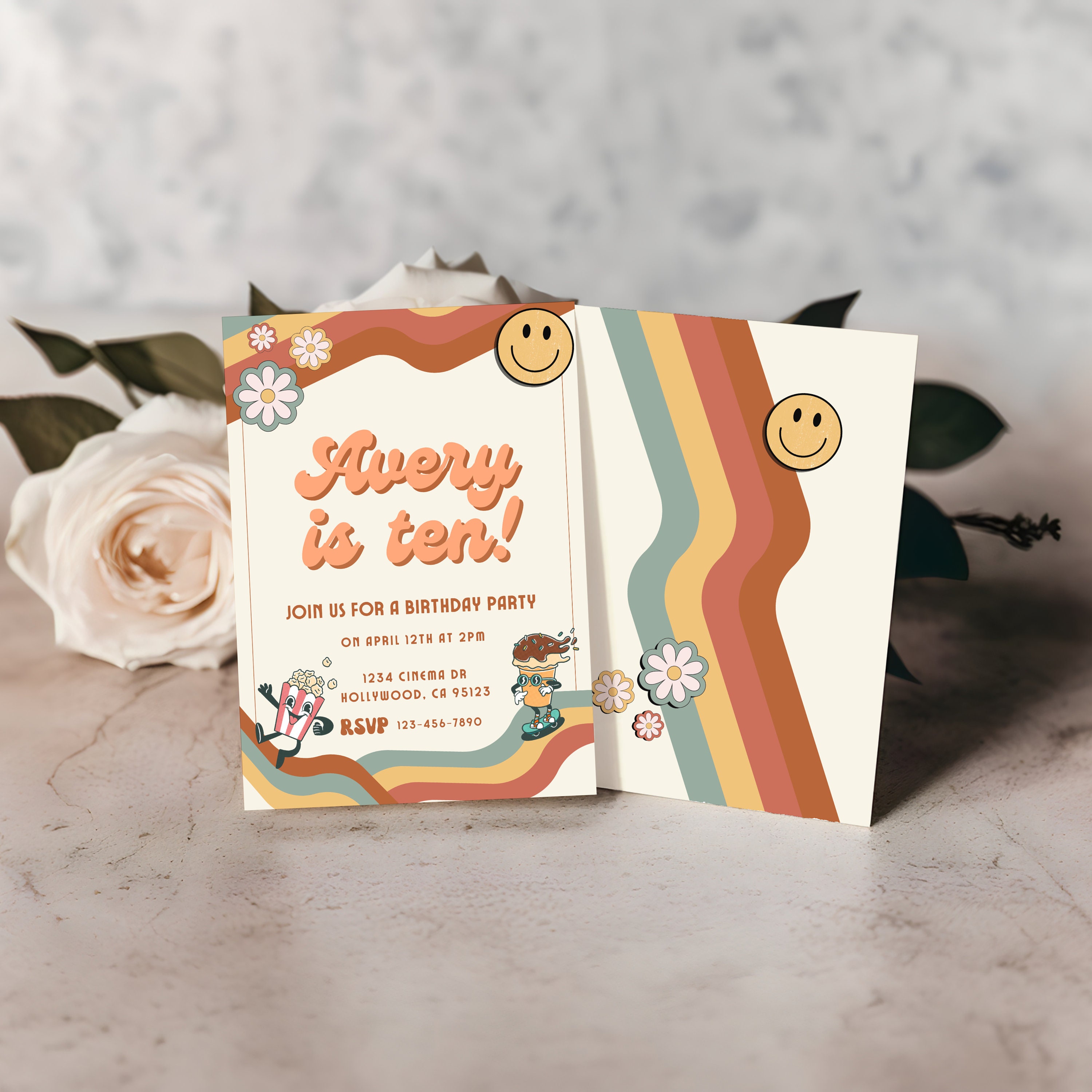 Groovy Retro Birthday Party Invitation Template Editable Vintage ...