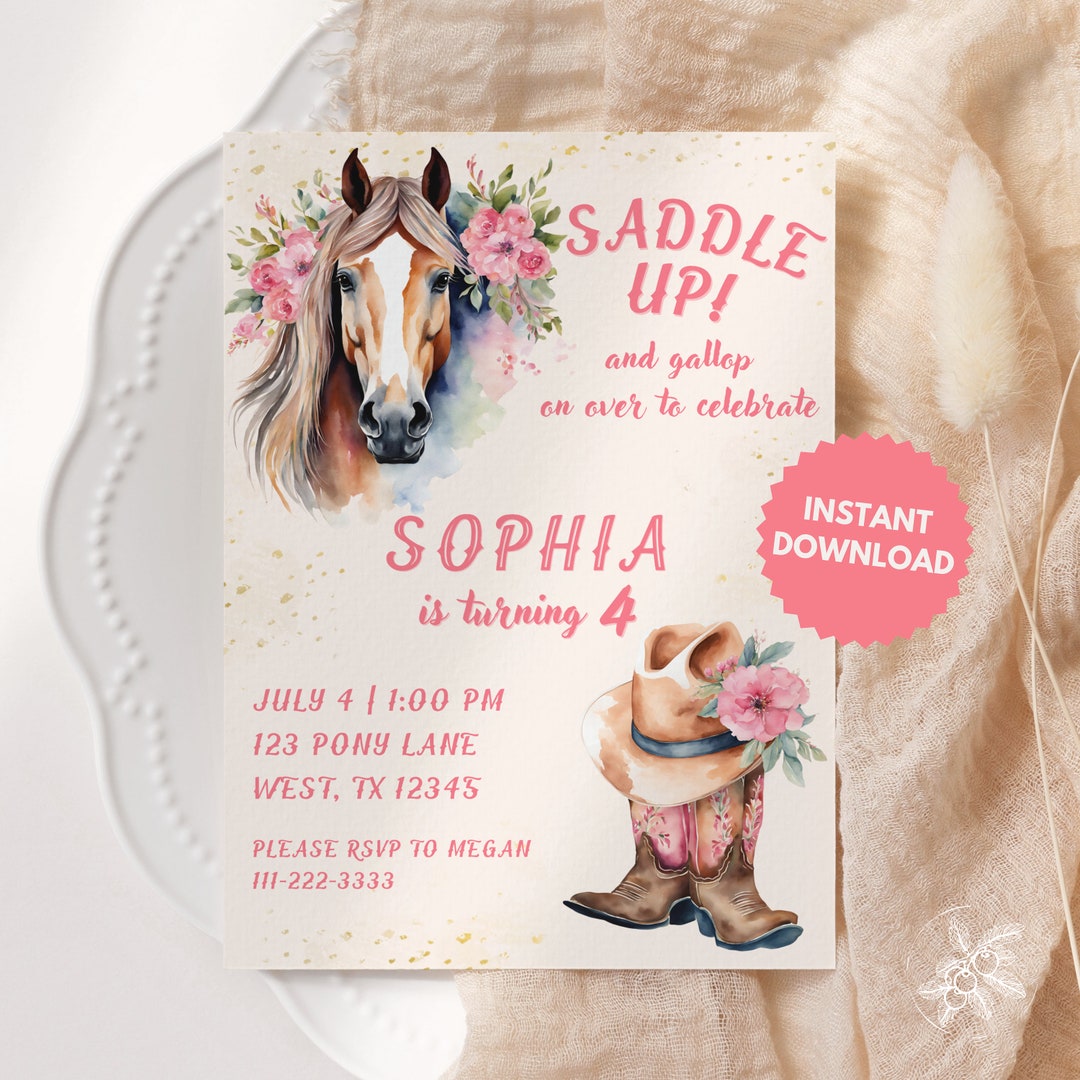 Saddle up Birthday Party Invitation Template | Horse Birthday Invite | Editable Girls Birthday ...