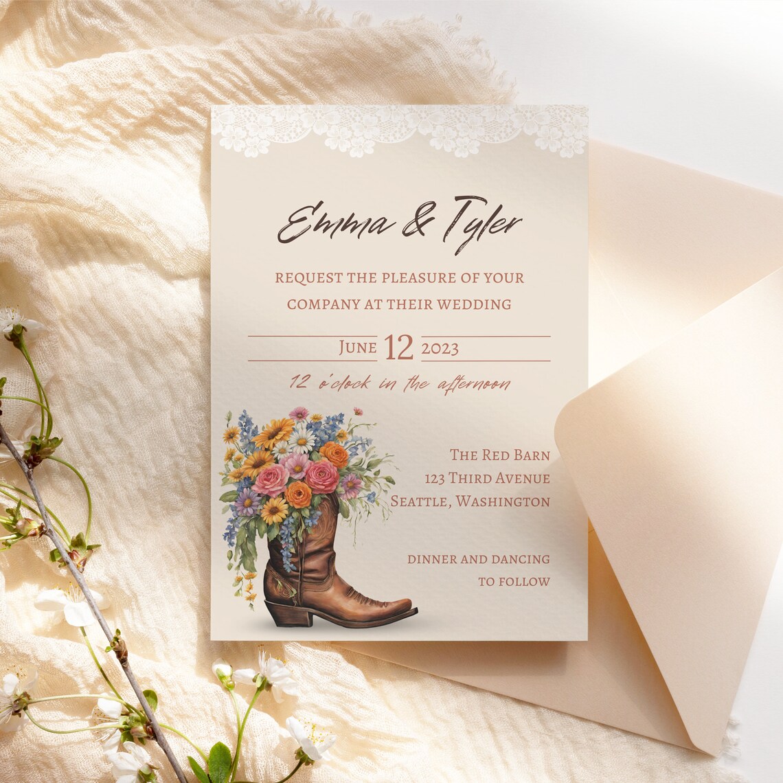 Boot Bouquet Wedding Invitation Template | Floral Cowboy Boot Invite ...