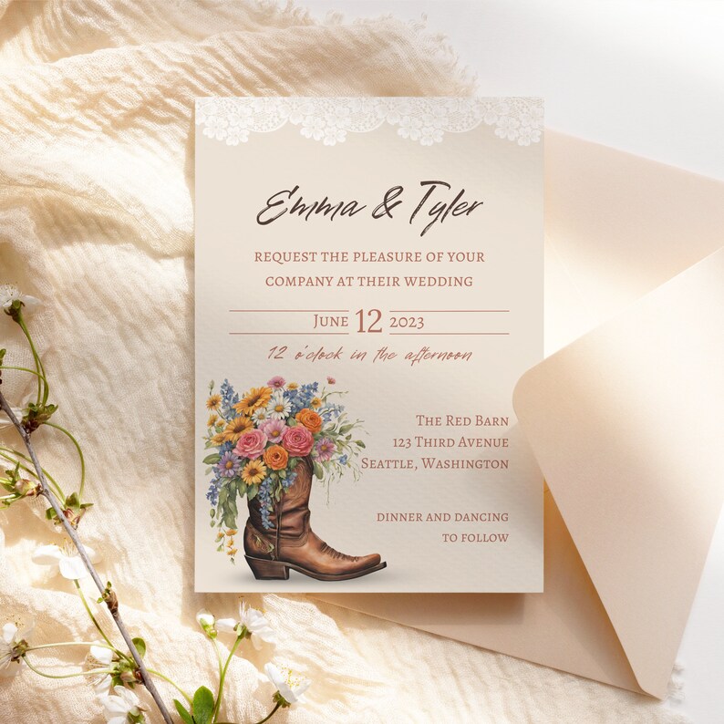 Boot Bouquet Wedding Invitation Template | Floral Cowboy Boot Invite ...