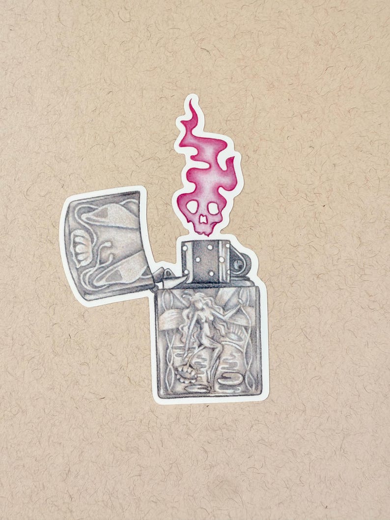 Embossed Fairy Lighter Sticker | Pink Skull Flame | Silver Art Nouveau ...