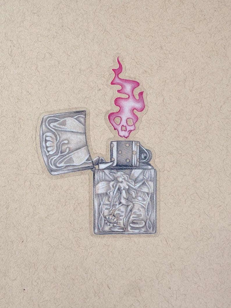 Embossed Fairy Lighter Sticker | Pink Skull Flame | Silver Art Nouveau ...