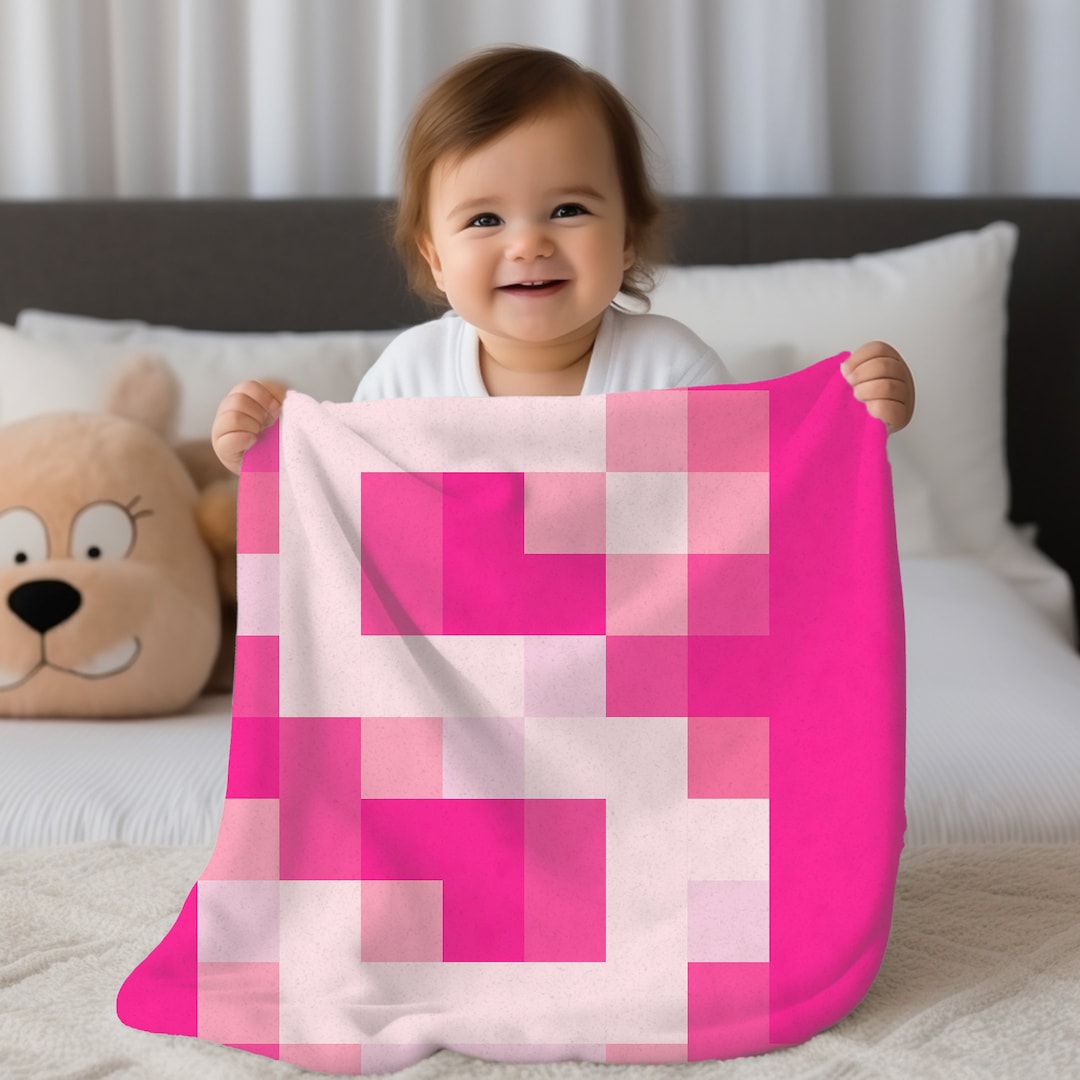 Pixel Art Pink Blanket Monogram Letter Plush Minky Daughter Gift ...