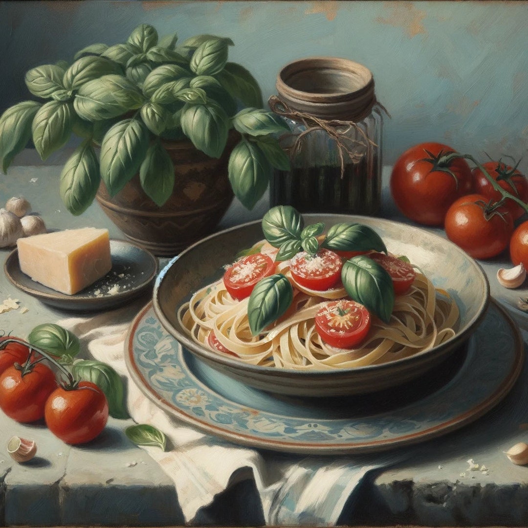 Printable Italian Kitchen Art Pasta With Basil and Tomato Digital ...