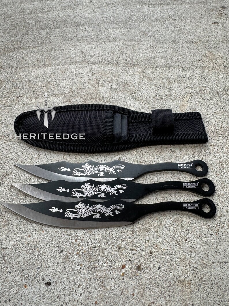 3 PC DRAGON NINJA 7 Kunai Combat Sharpened Throwing Knife Set W/ Sheath Fantasy Knife, Sharpened ...