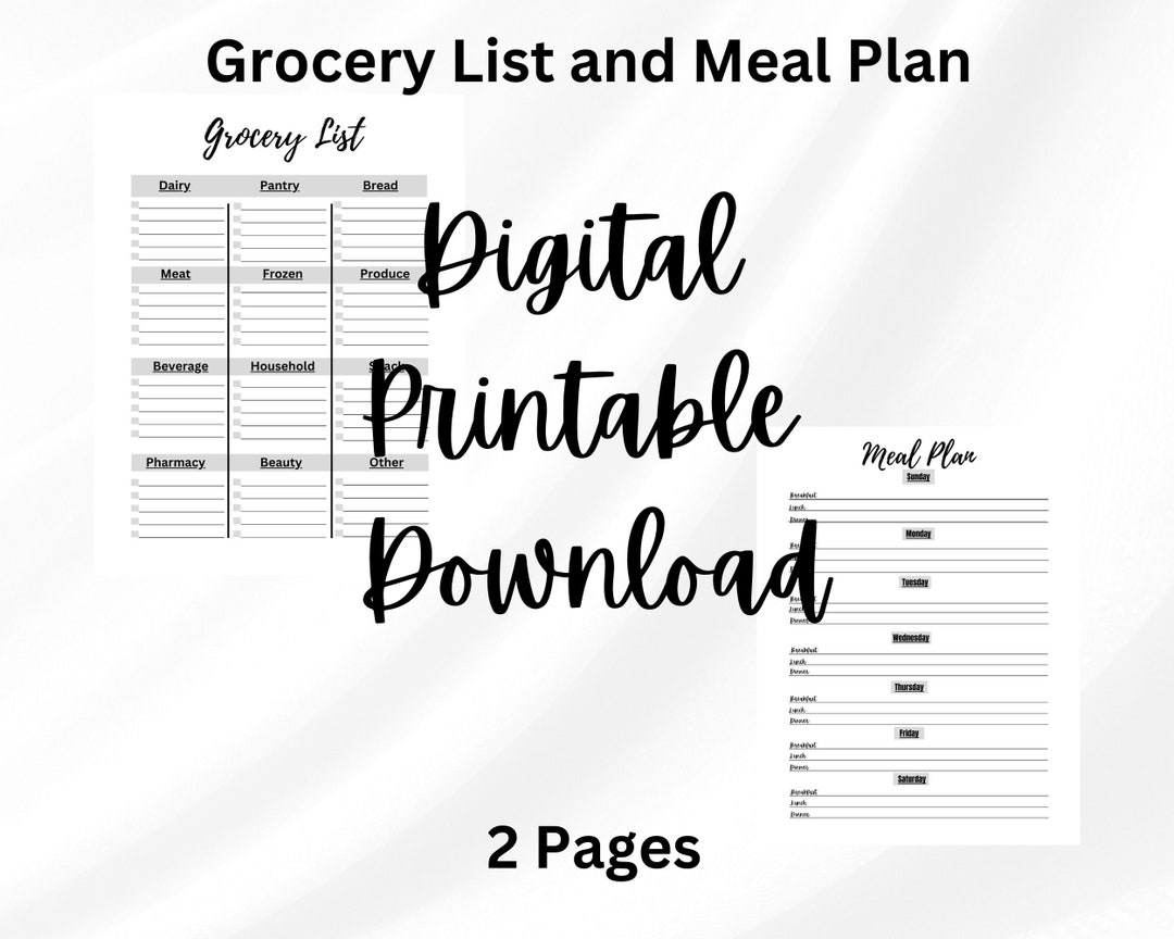 Grocery List and Meal Plan Digital Printable Download - Etsy