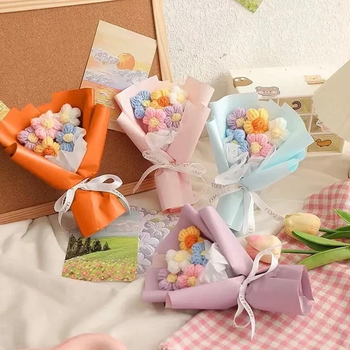 Handcrafted Mini Crochet Flower Bouquets Vibrant Artificial Flowers for ...