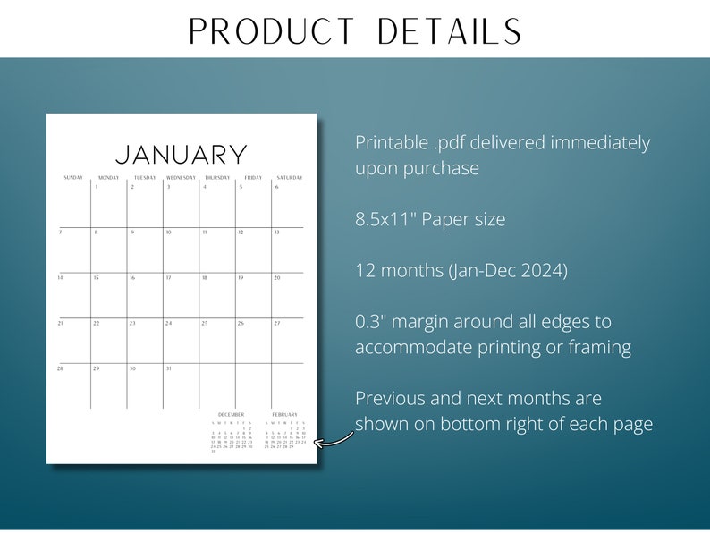 Printable 2024 Portrait Calendar, Modern and Clean, US Letter Sized ...