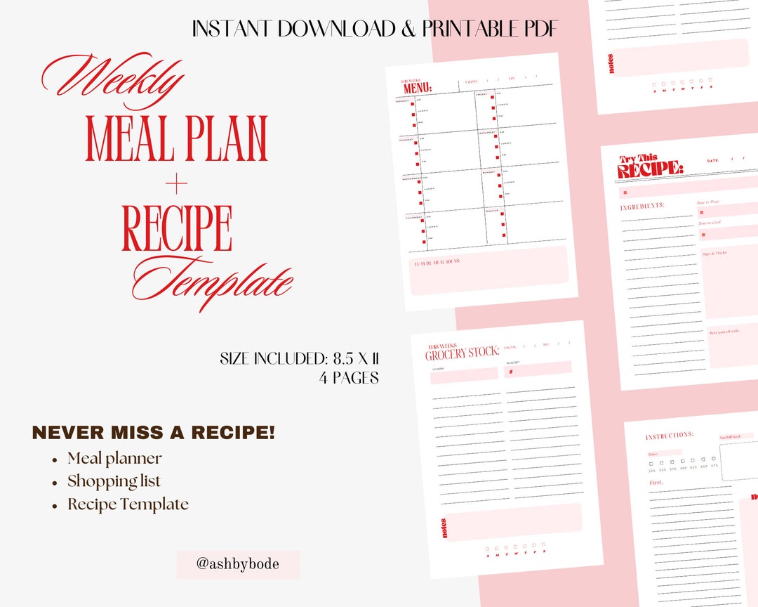 Weekly Meal Planner, Shopping List, Recipe Template Printable, Blank ...