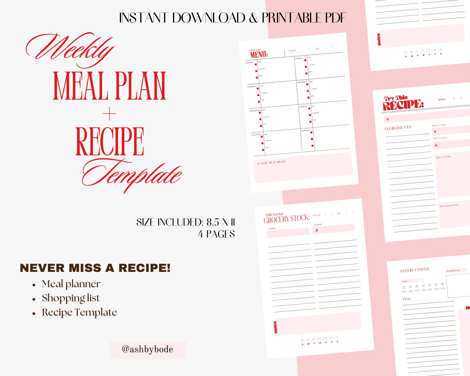 Weekly Meal Planner, Shopping List, Recipe Template Printable, Blank ...