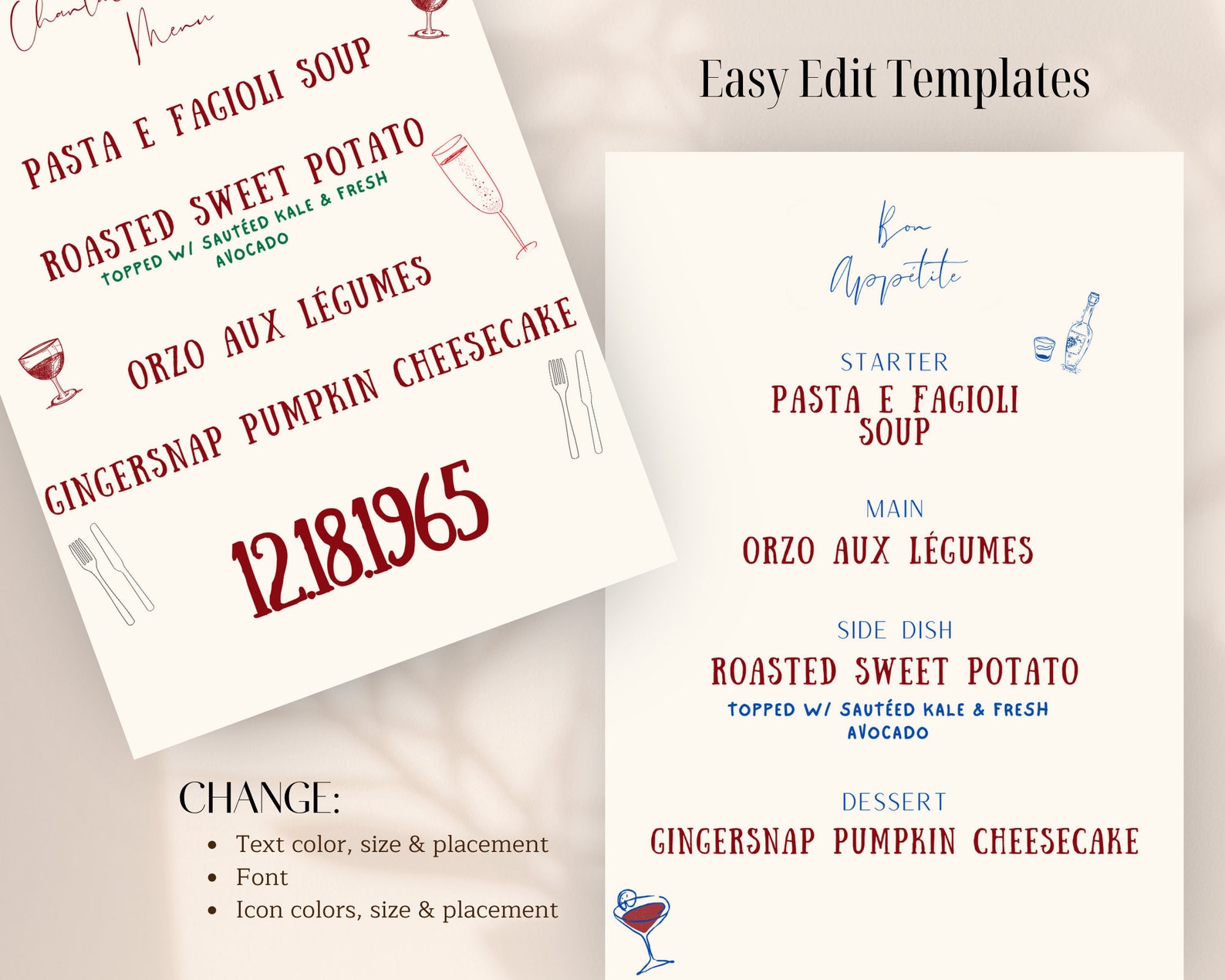French Inspired, Table Menu Templates for Dinner Party, Wedding ...