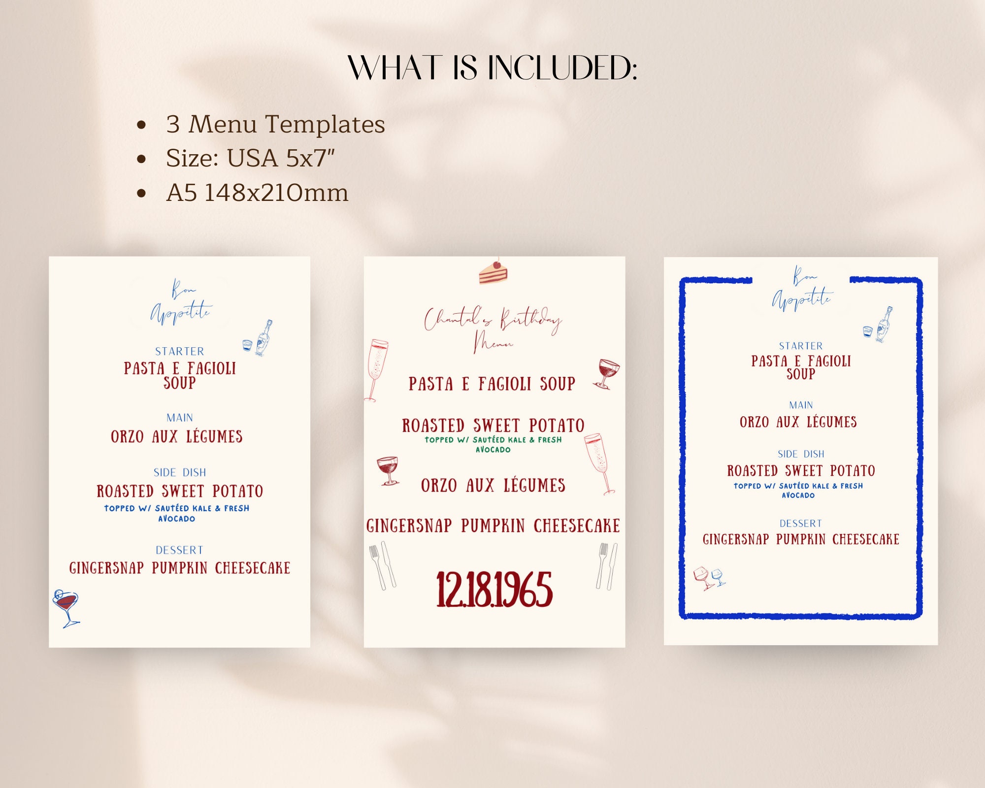 French Inspired, Table Menu Templates for Dinner Party, Wedding ...