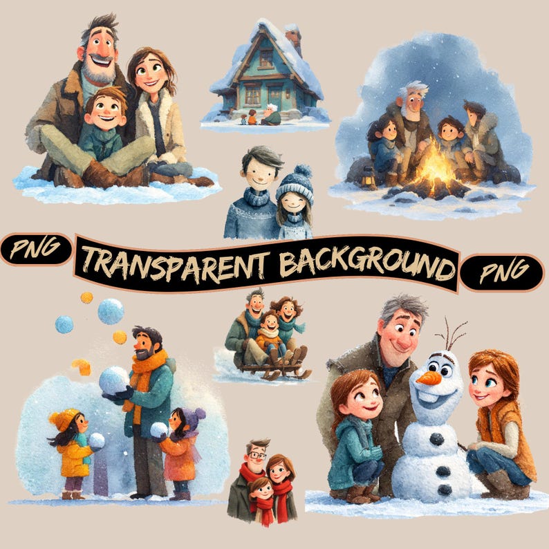 Pixar 3D Watercolor Winter Family Clipart Bundle | Cozy Parents & Kids ...