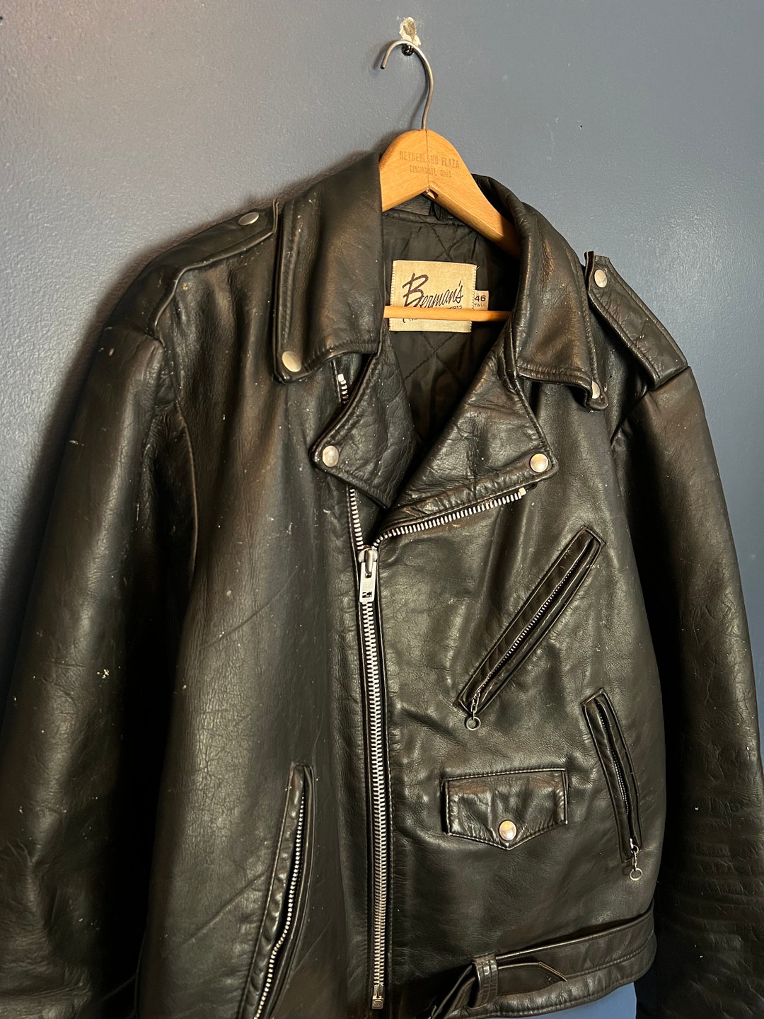 Vintage 70s Bermans Black Leather Biker Jacket Size 46 Tall - Etsy