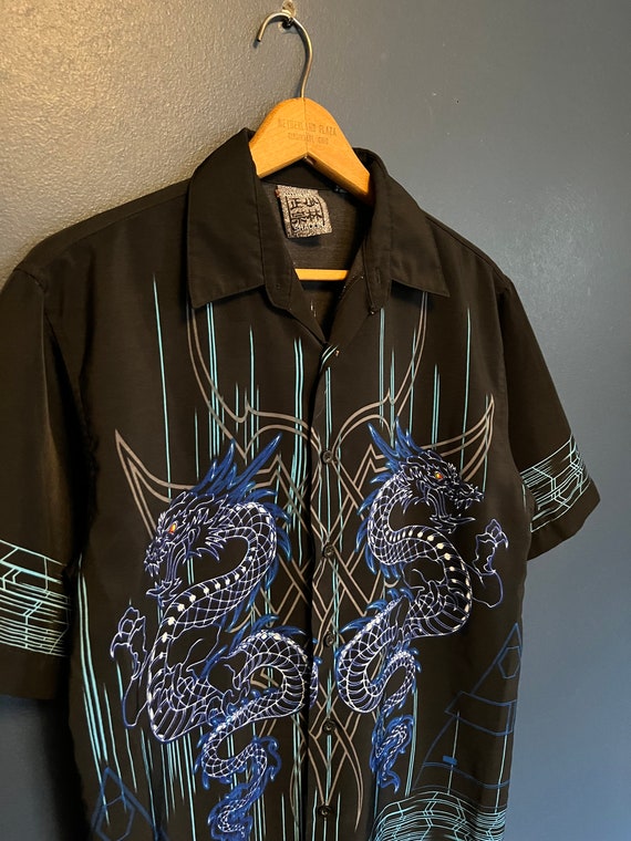 Vintage AUTHENTIC SHAOLIN Asian Dragon Print Button D… - Gem