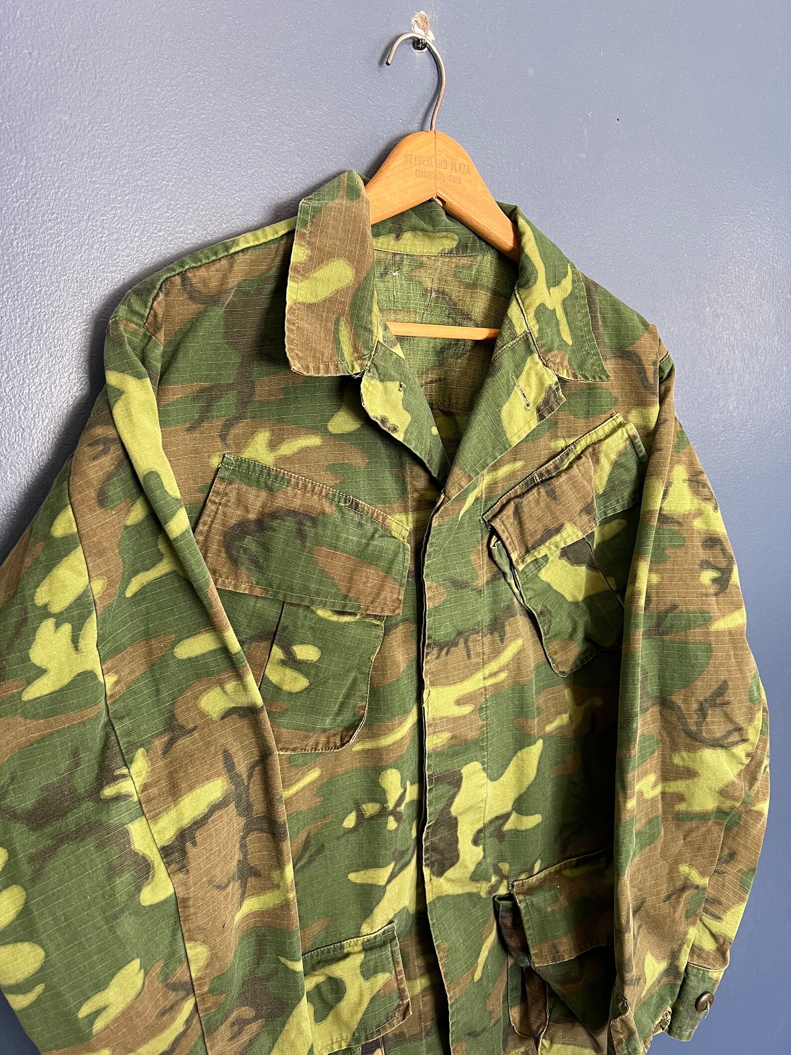 Vintage 70s US Military Jungle Camo Poplin Rip Stop Slant Pocket Field ...