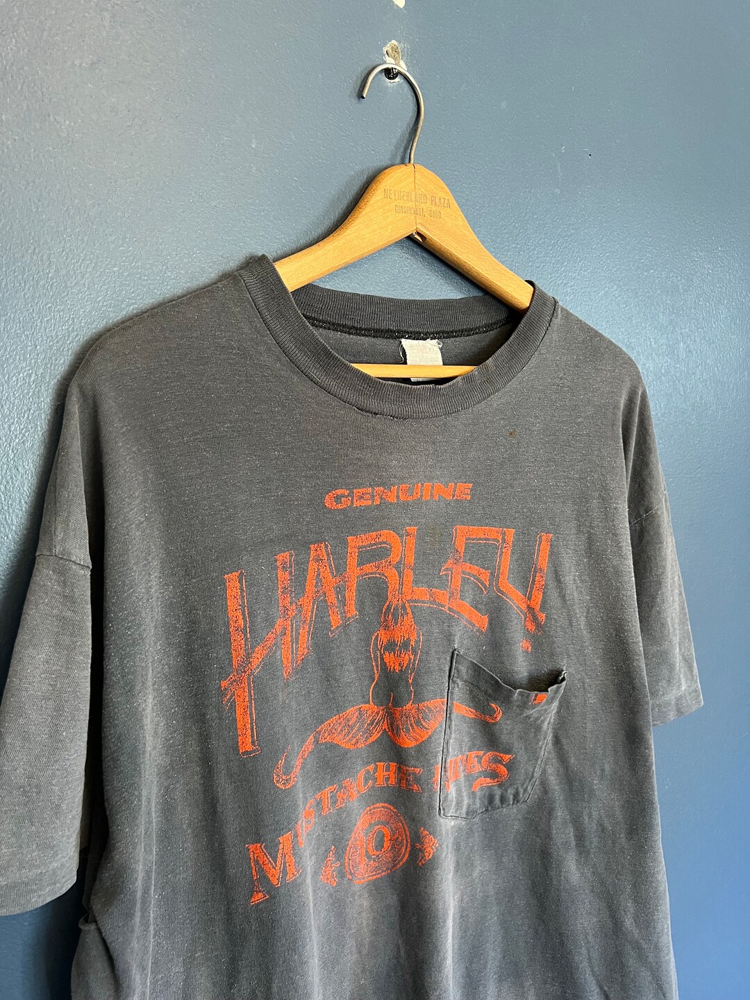 Vintage 70s Harley Davidson Motorcycles Mustache Rides Pocket Tee Size ...