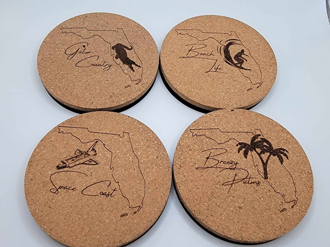 Custom Engraved Florida Themed Cork Coasters With Stained Wood Bottom ...