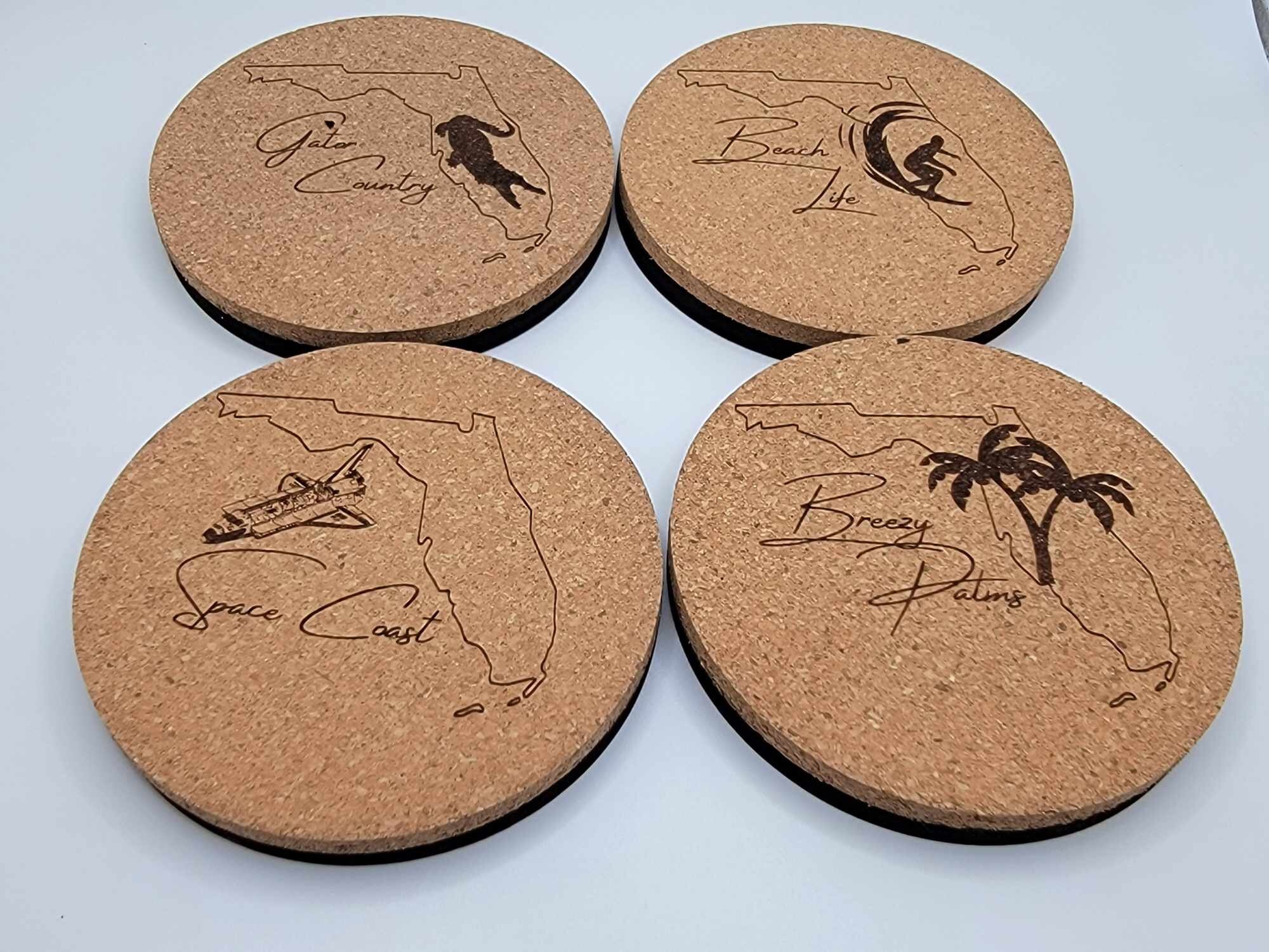 Custom Engraved Florida Themed Cork Coasters With Stained Wood Bottom ...
