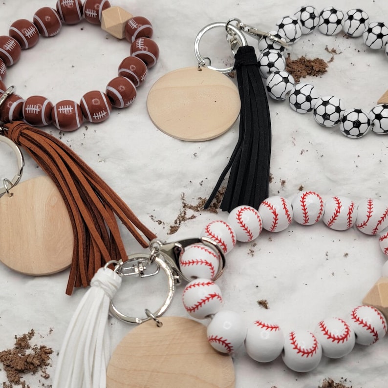 Wooden Beaded Sports Wristlet Keychain/ Custom Wristlet Keychain ...