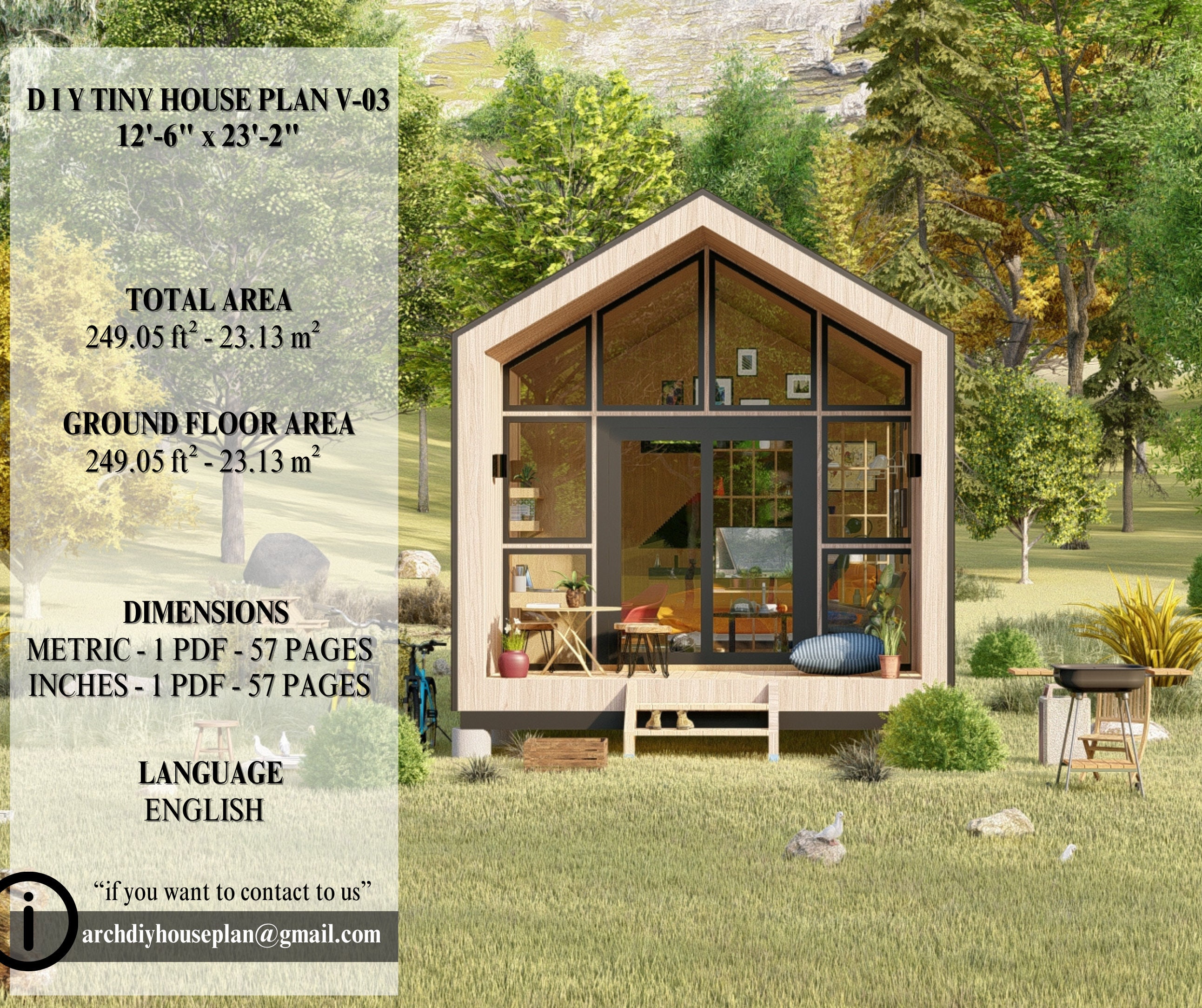 Tiny House Blueprints: 12x23 Pentagon Frame Cabin Plan (digital ...