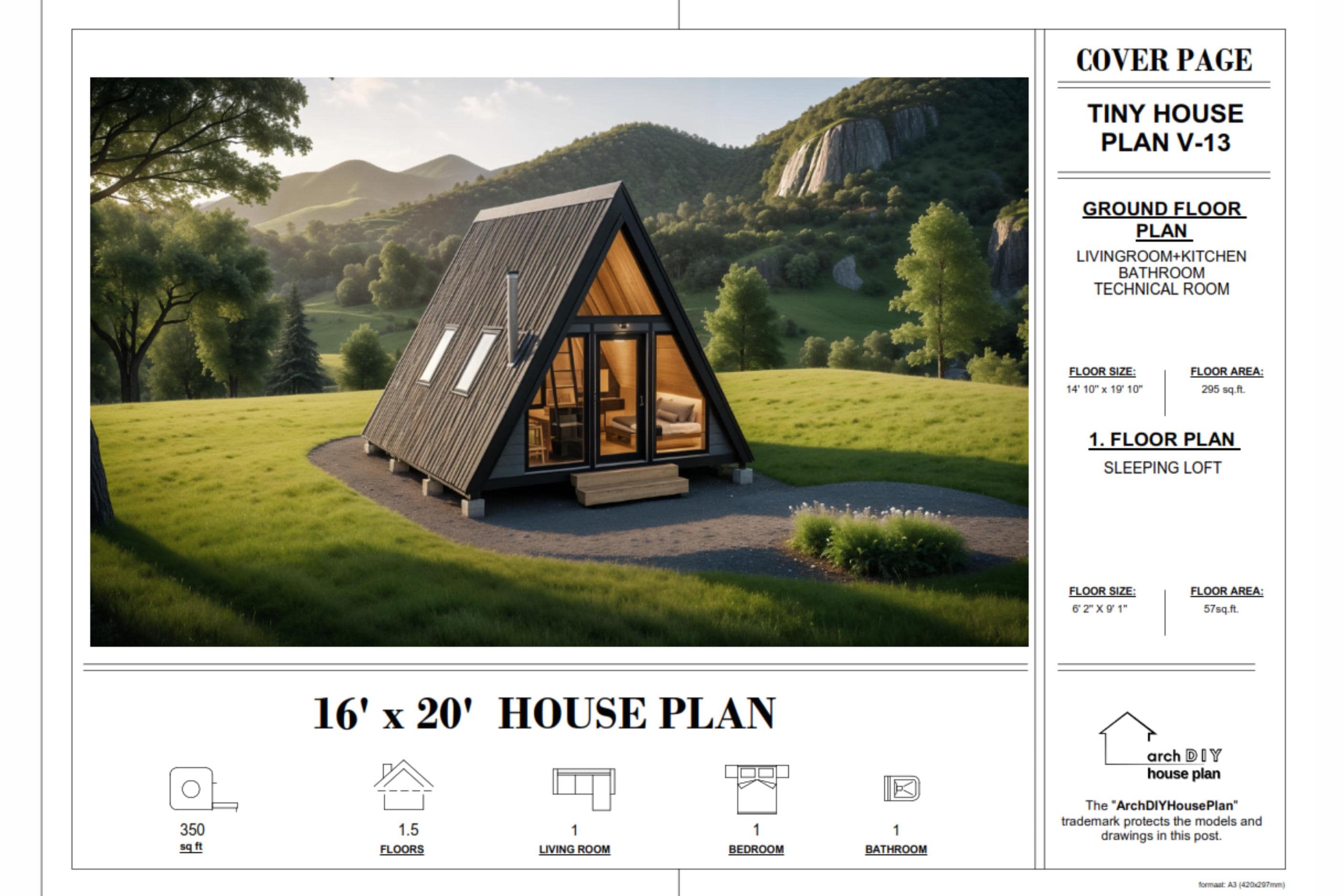 A-frame Cabin 16x20, 1 Bedroom Modern House Plan, Architectural ...