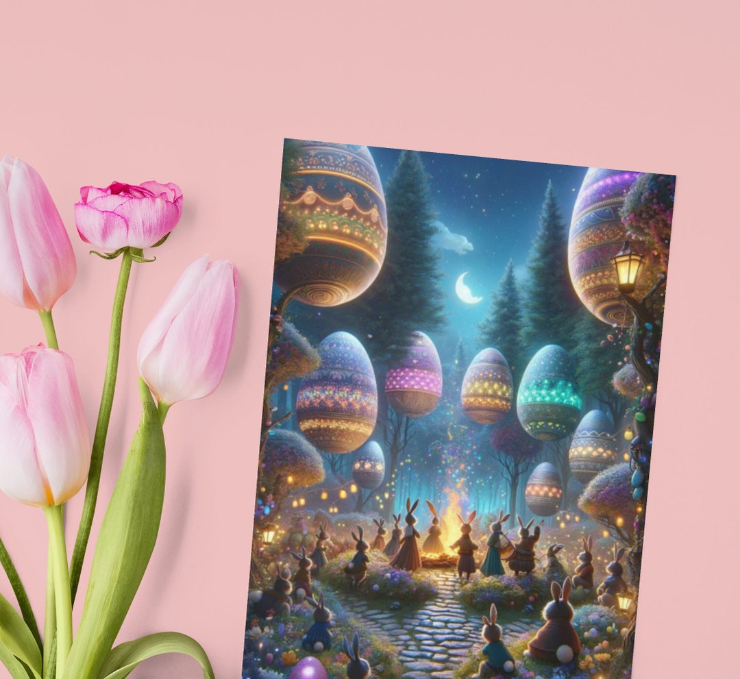 Magical Easter Night Greeting Card With Floating Egg Lanterns, Pink ...