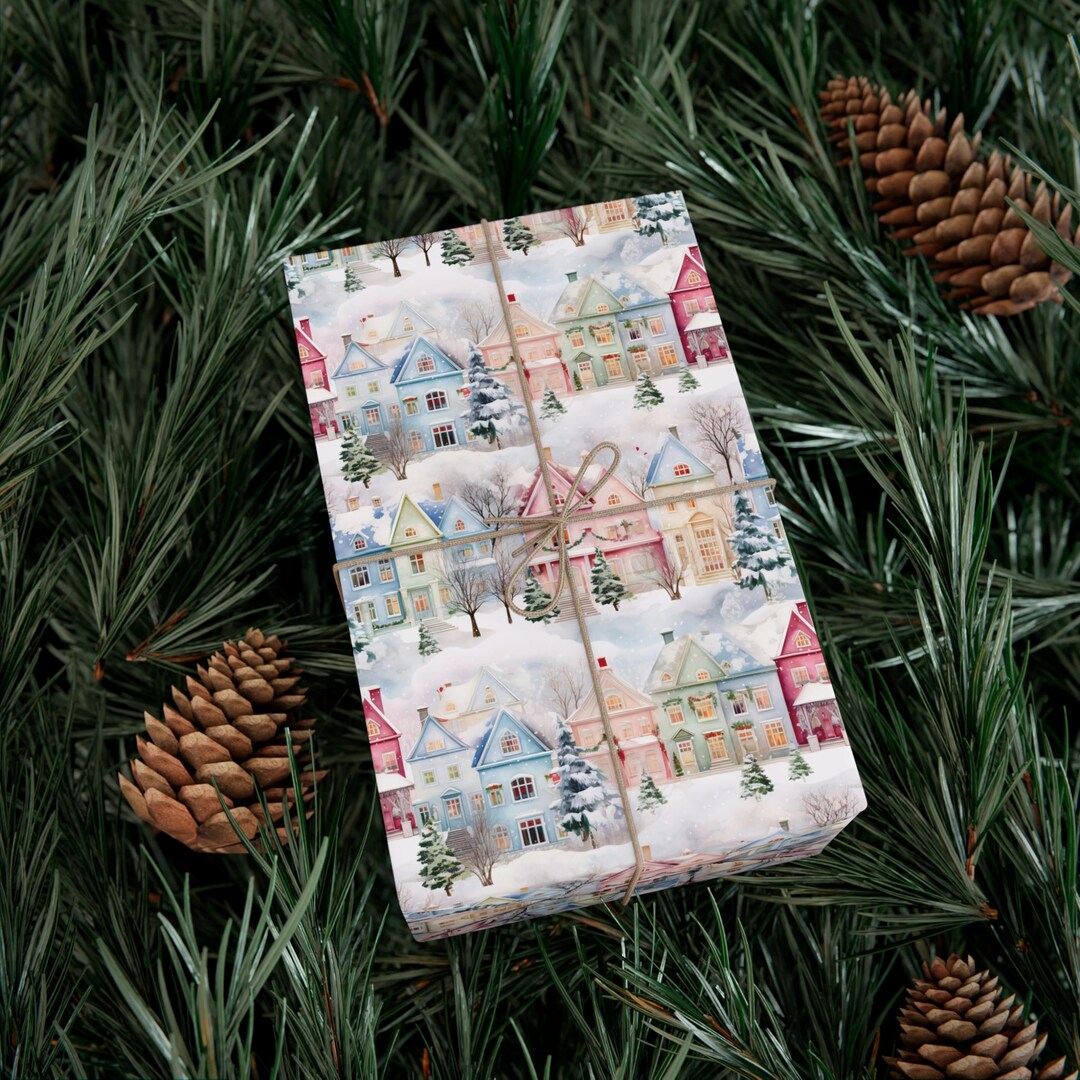 Wrapping Paper, Watercolor Houses Holiday Gift Wrap, Christmas Present ...