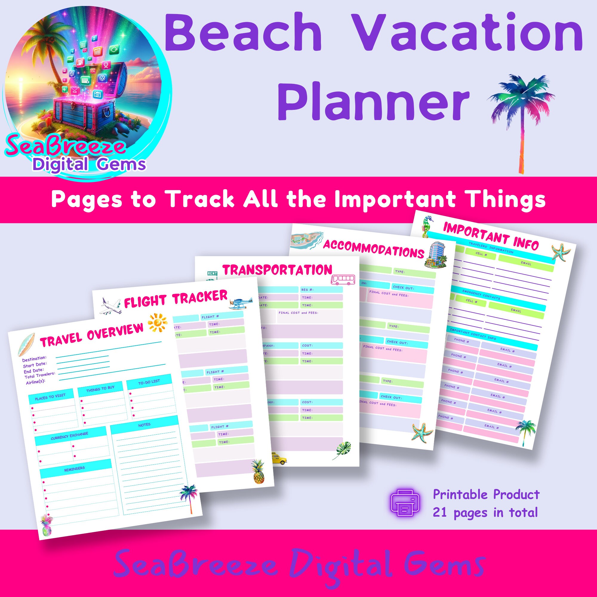Beach Vacation Planner Printable Printable Family Travel Planner Vacation Planner for a Family 8 ...