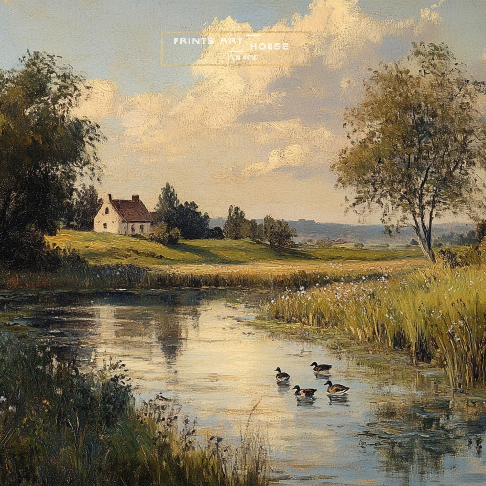 Vintage River Landscape Oil Painting With Ducks: Cottagecore Printable ...