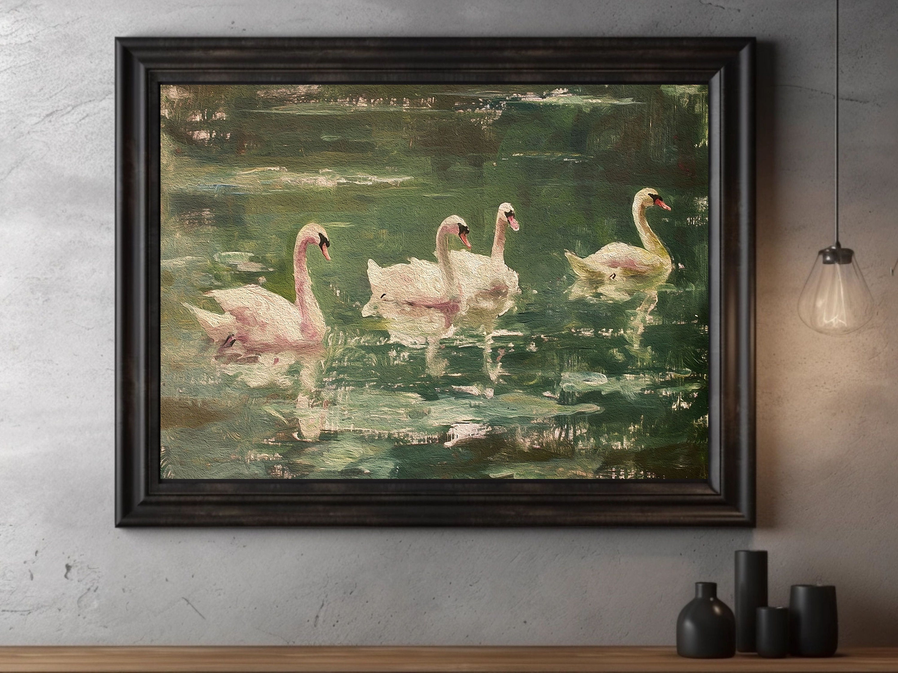 Swan Print Swans Lake Painting, Nature ART PRINT Vintage Oil Painting ...