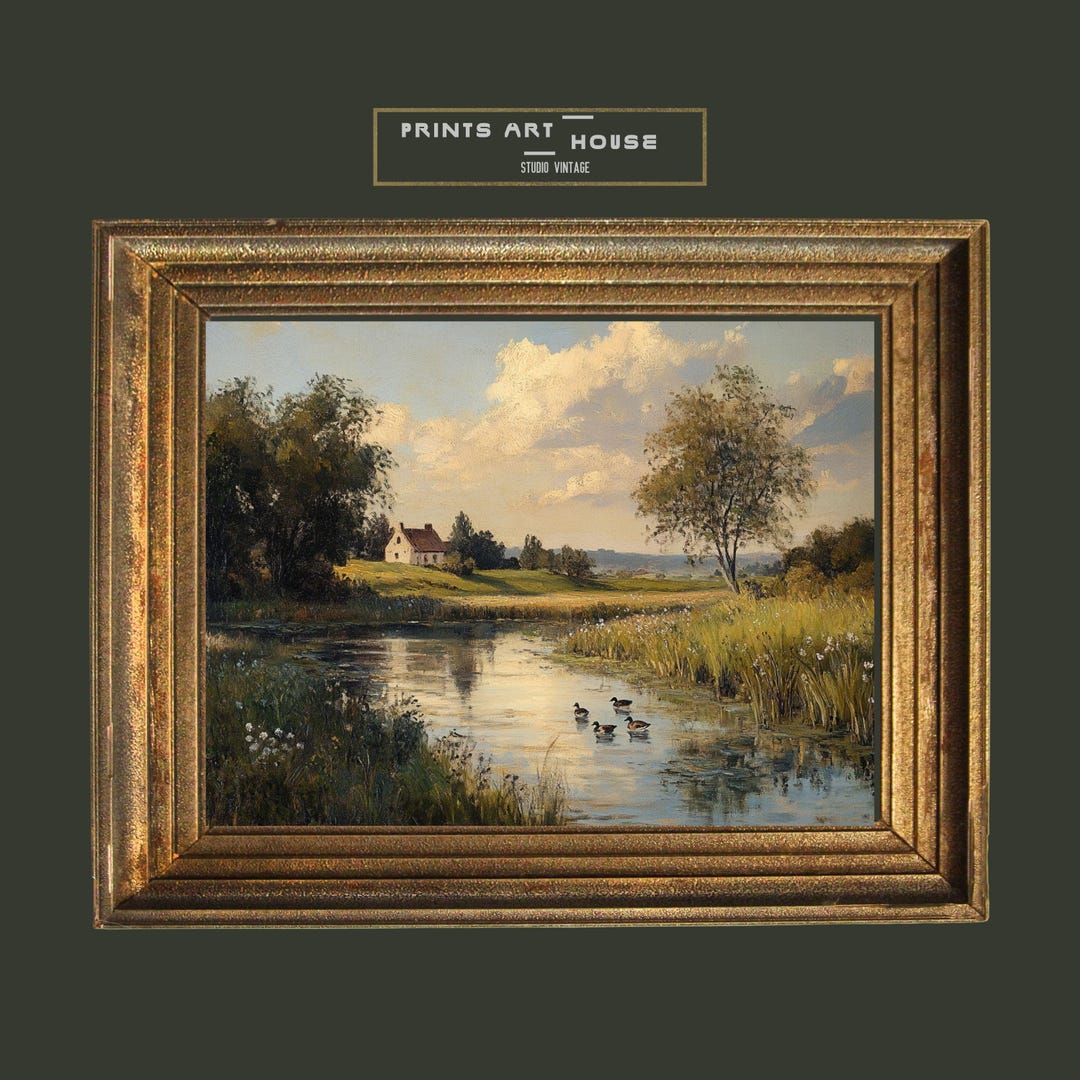 Vintage River Landscape Oil Painting With Ducks: Cottagecore Printable ...