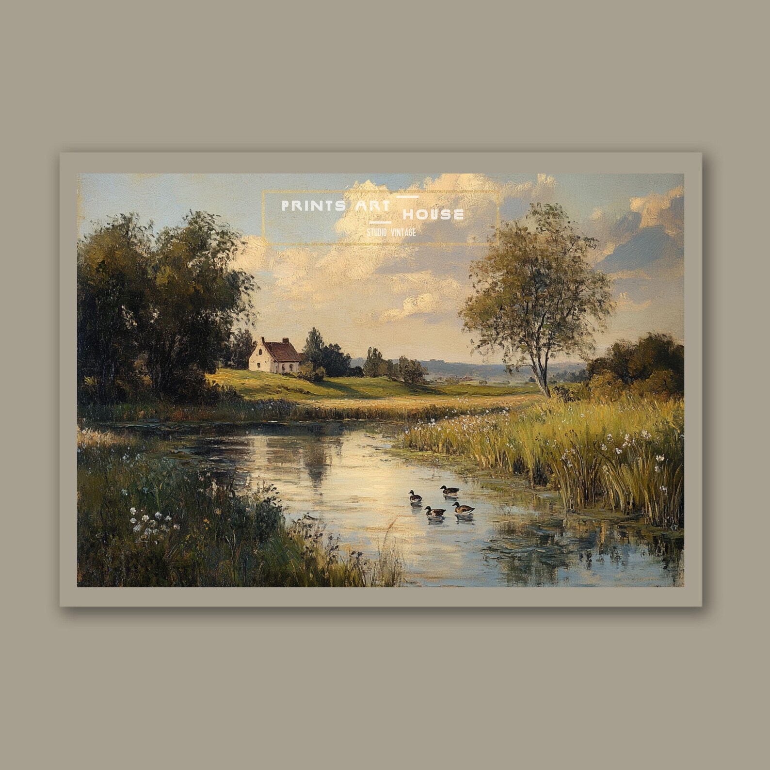 Vintage River Landscape Oil Painting With Ducks: Cottagecore Printable ...